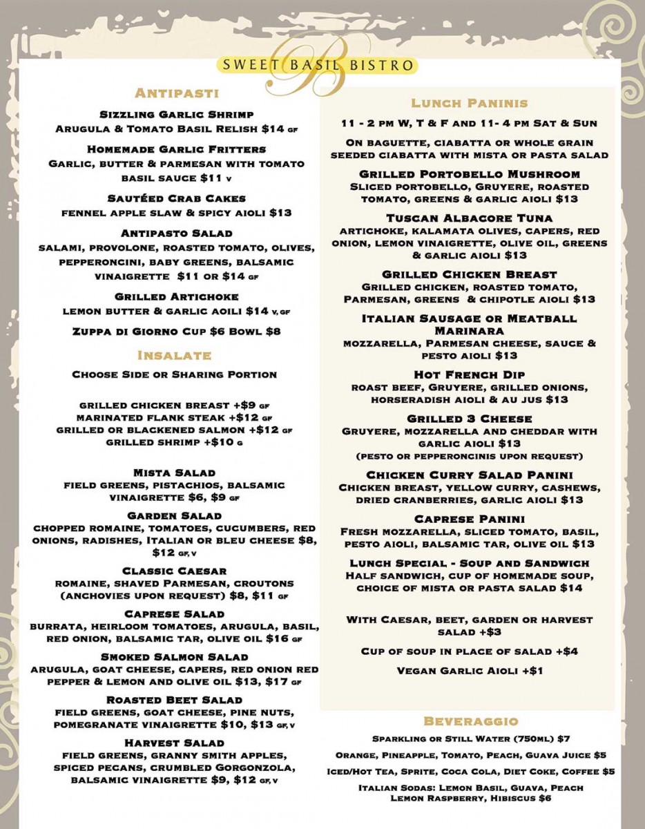 Lunch & Dinner Menu - Sweet Basil Bistro