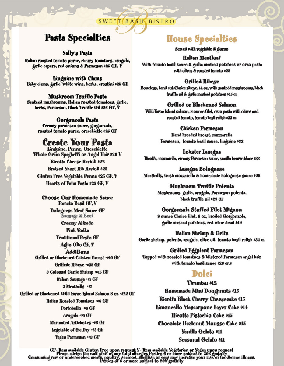 Dinner Menu - Sweet Basil Bistro